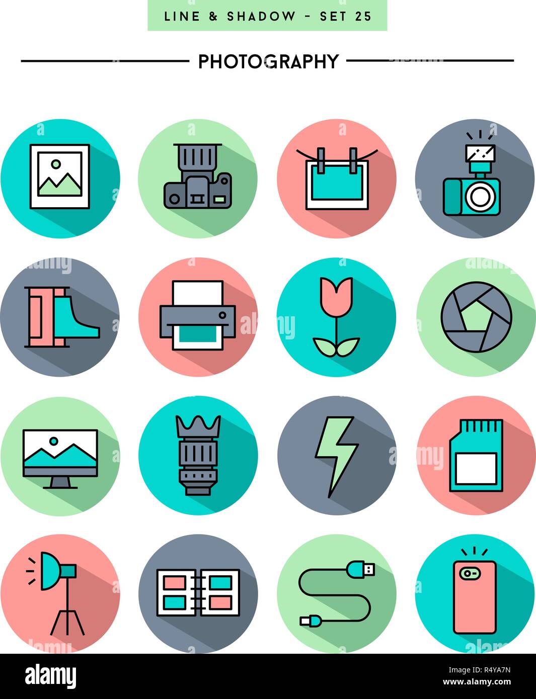 set of flat design,long shadow, thin line photography icons Stock ...