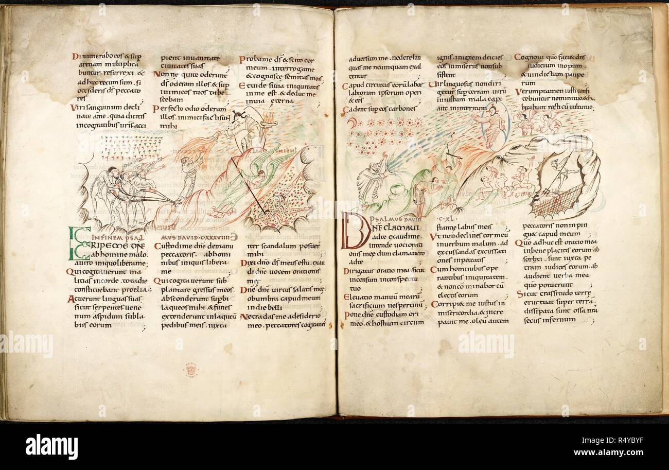 Double-page spread from Harley Psalter with pen drawings. Psalter ...