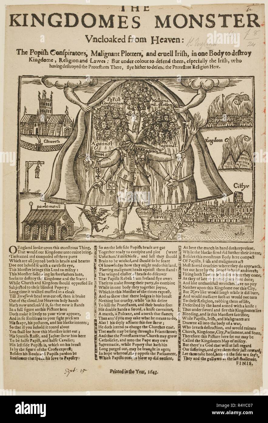 Title page of anti-Catholic pamphlet. The kingdomes monster uncloaked ...