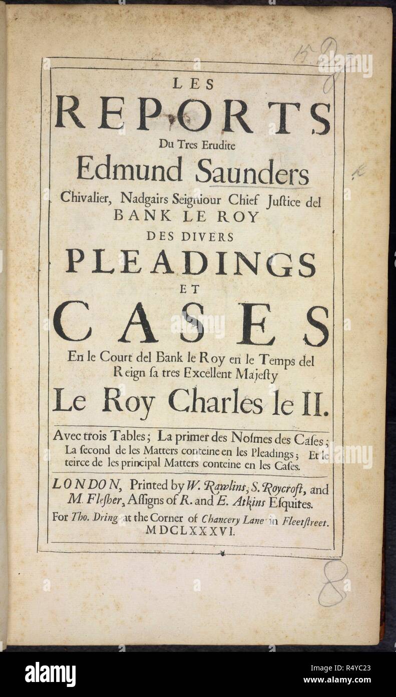 Title page. Les Reports du tres erudite Edmund Saunders ... des divers ...