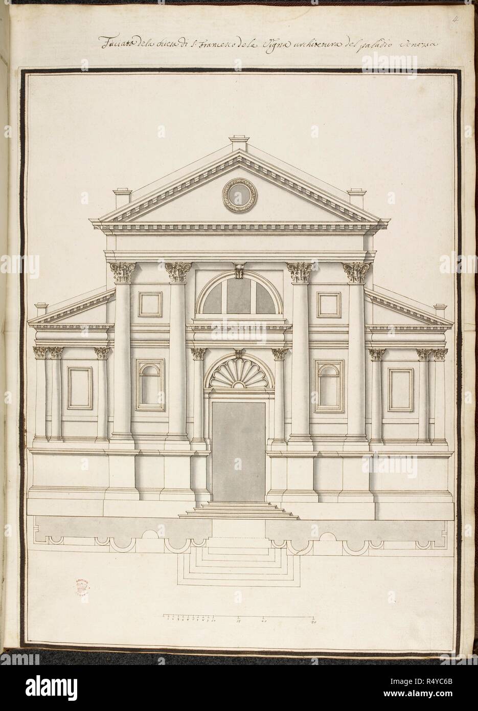Drawing of elevation of Italian building, in a city. Palazzo, in the ...