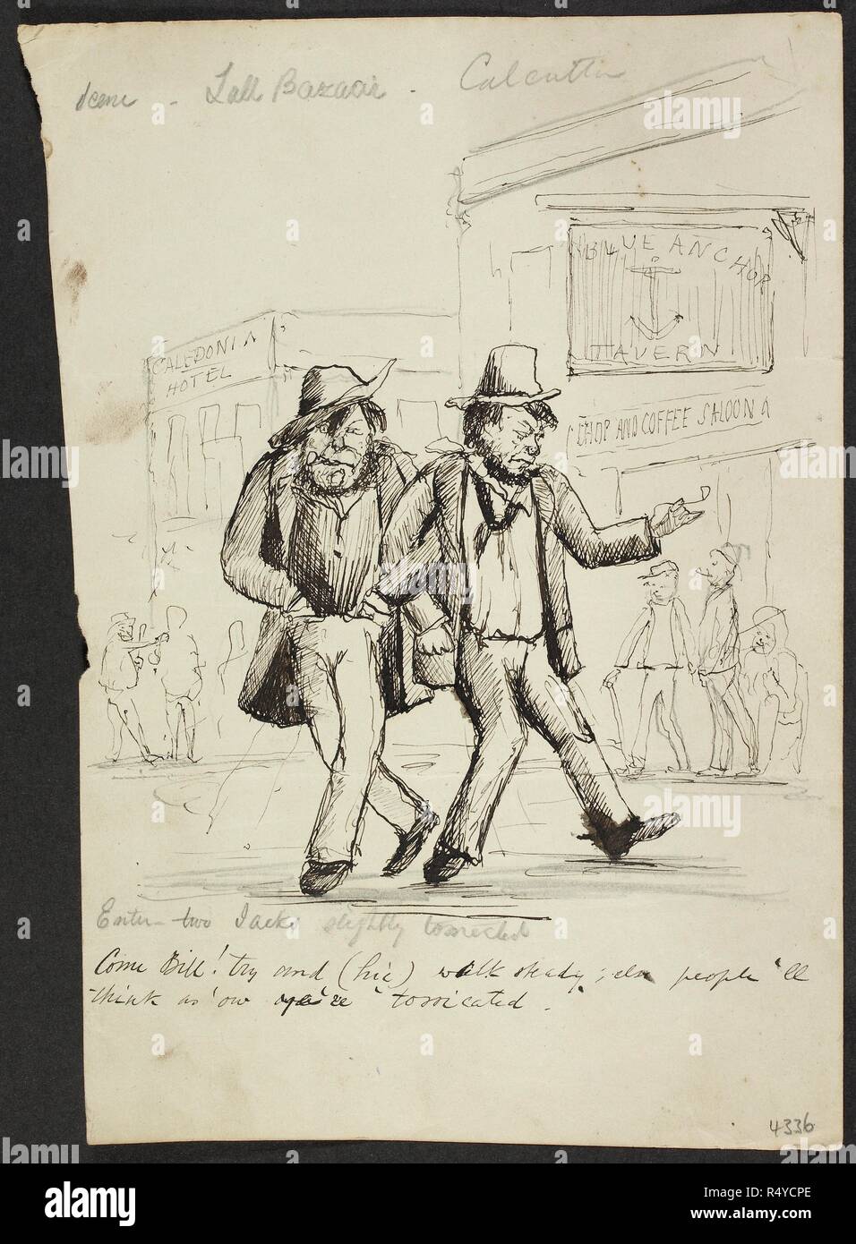 Comic illustration of two dishevelled sailors in a port. â€˜Lall Bazaar ...