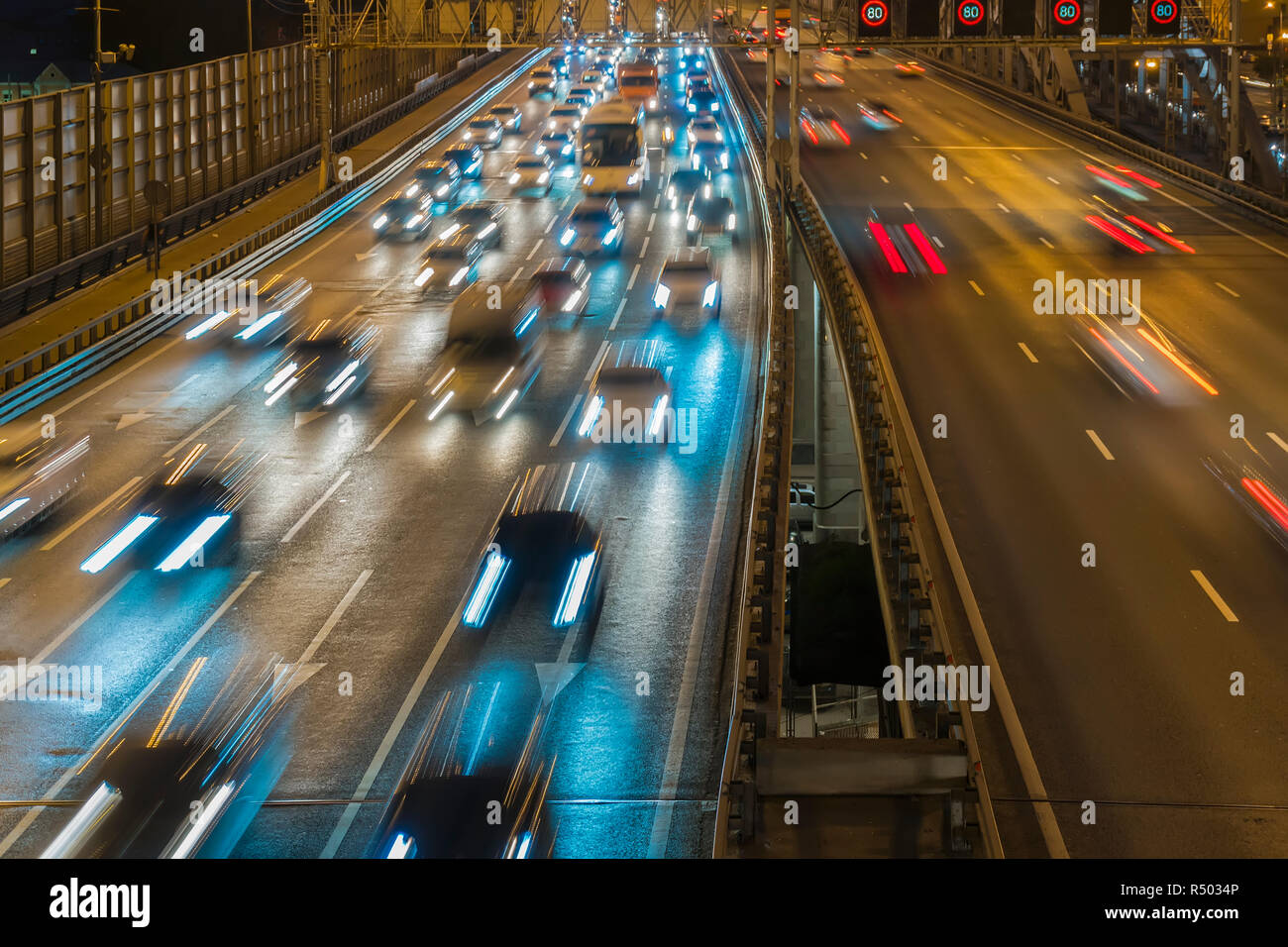 night traffic jam on the urban thoroughfare and road junction Stock ...