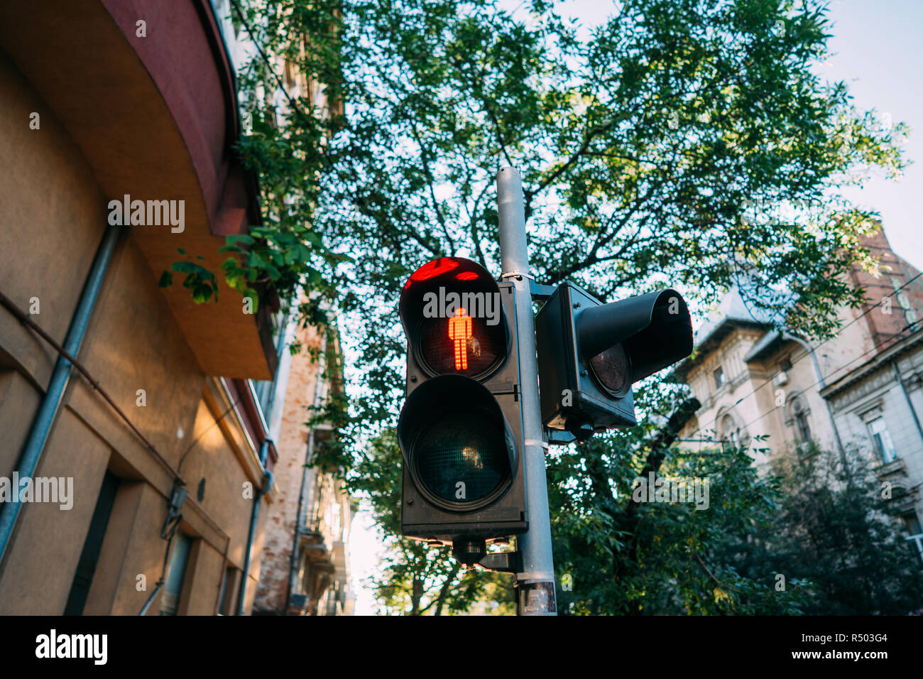Urban, street traffic lights. The red sign for pedestrians is lit Stock ...