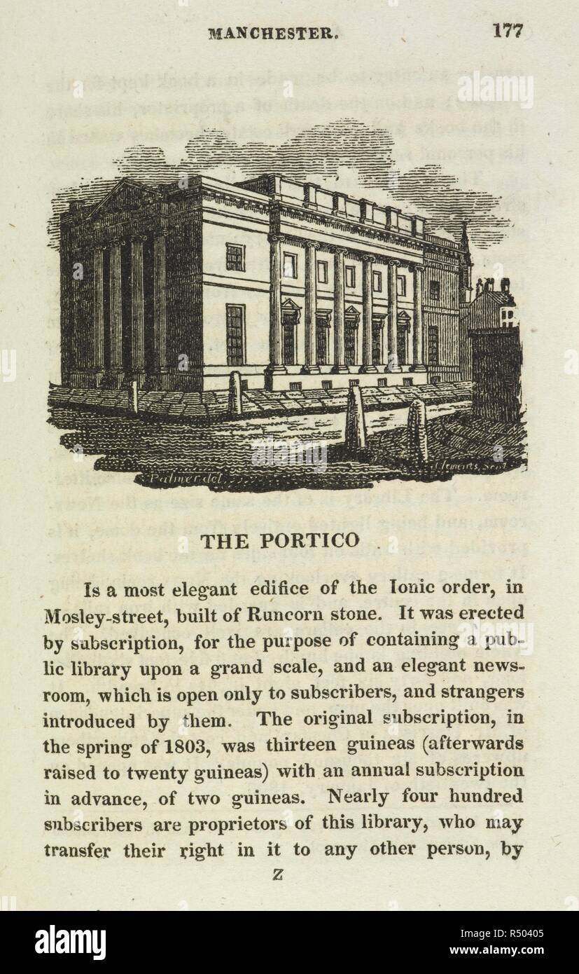 Illustration of Portico building in Manchester, with text. A public ...