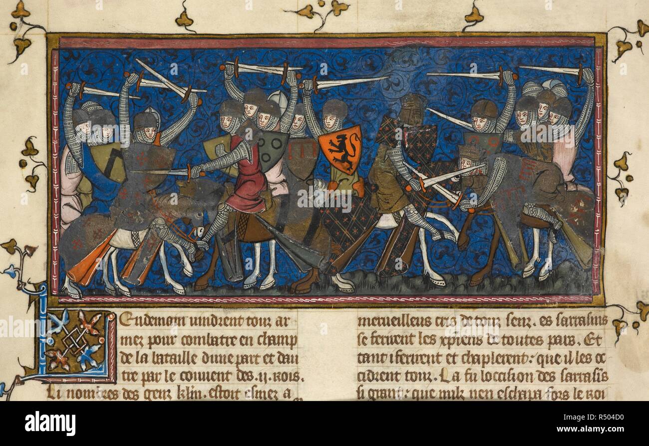 (Miniature). A battle scene. Mounted knights fighting. Chroniques de ...