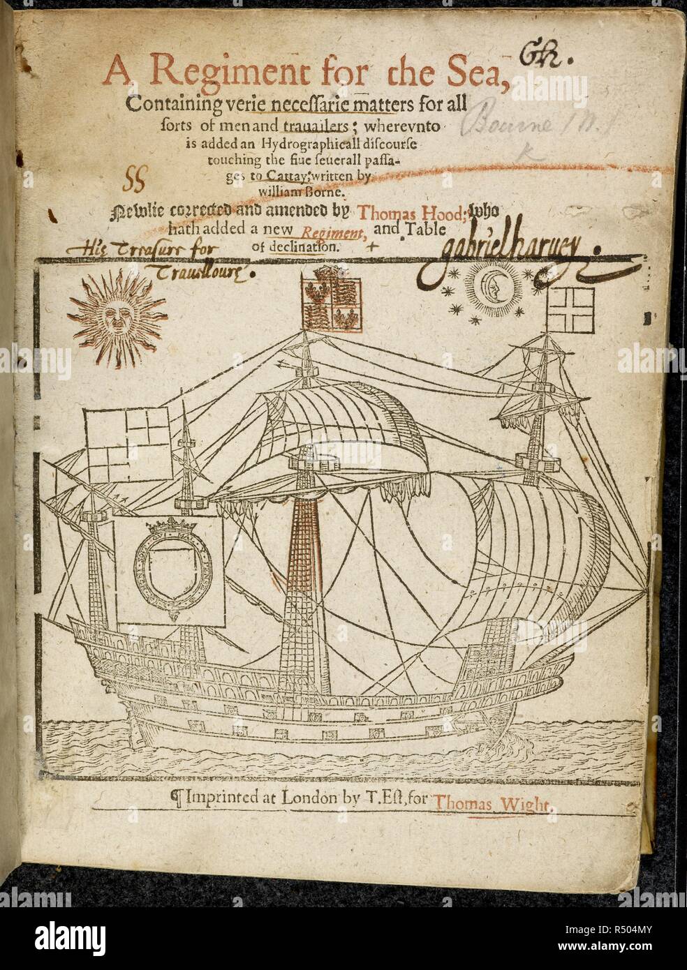 A picture of a sailing ship. A galleon. Drawing. A book on the science ...