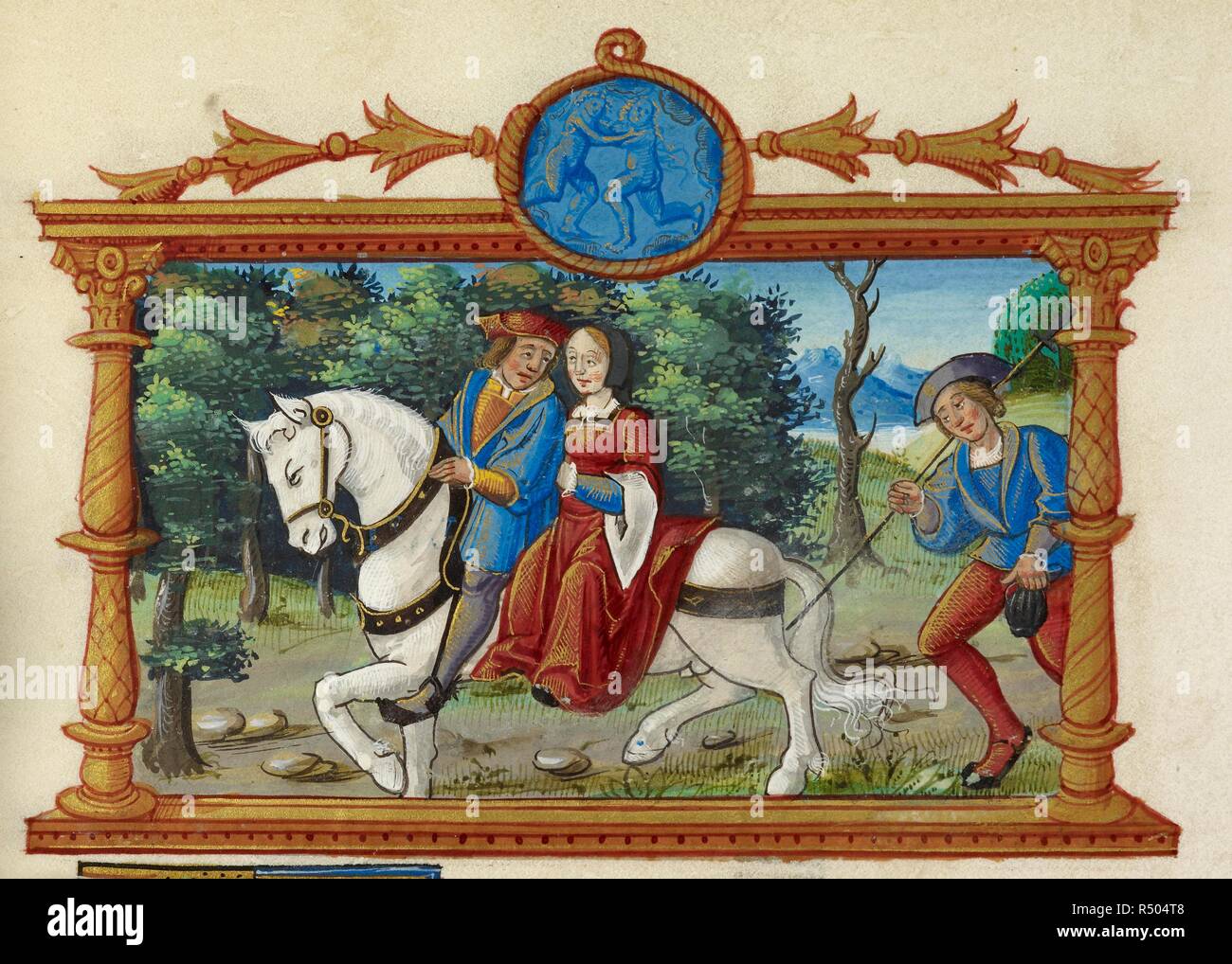 Manuscript illustration of man and woman riding horse. A religious work ...