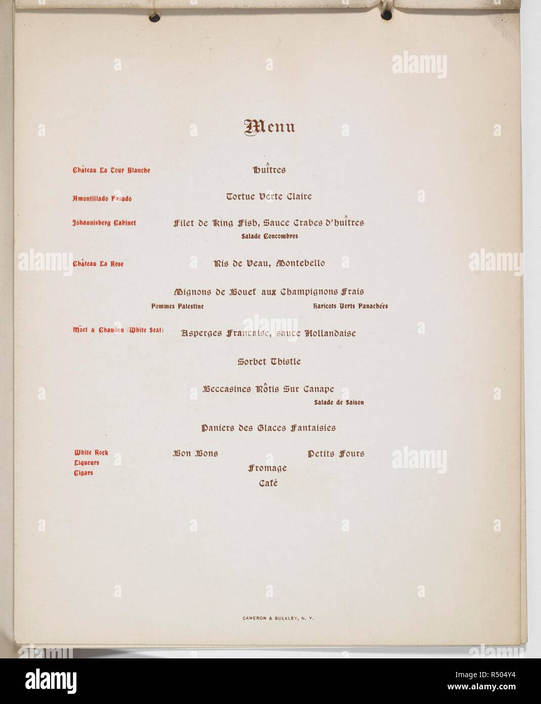 Menu for a dinner of the Royal Order of Scotland. October 22nd 1901 ...