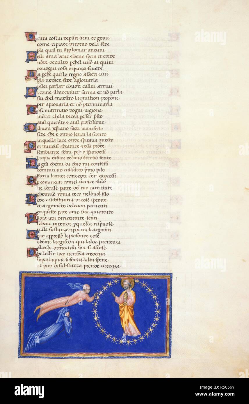 Paradiso, Canto XXIV. Miniature shows Heaven of the Fixed Stars. Dante ...