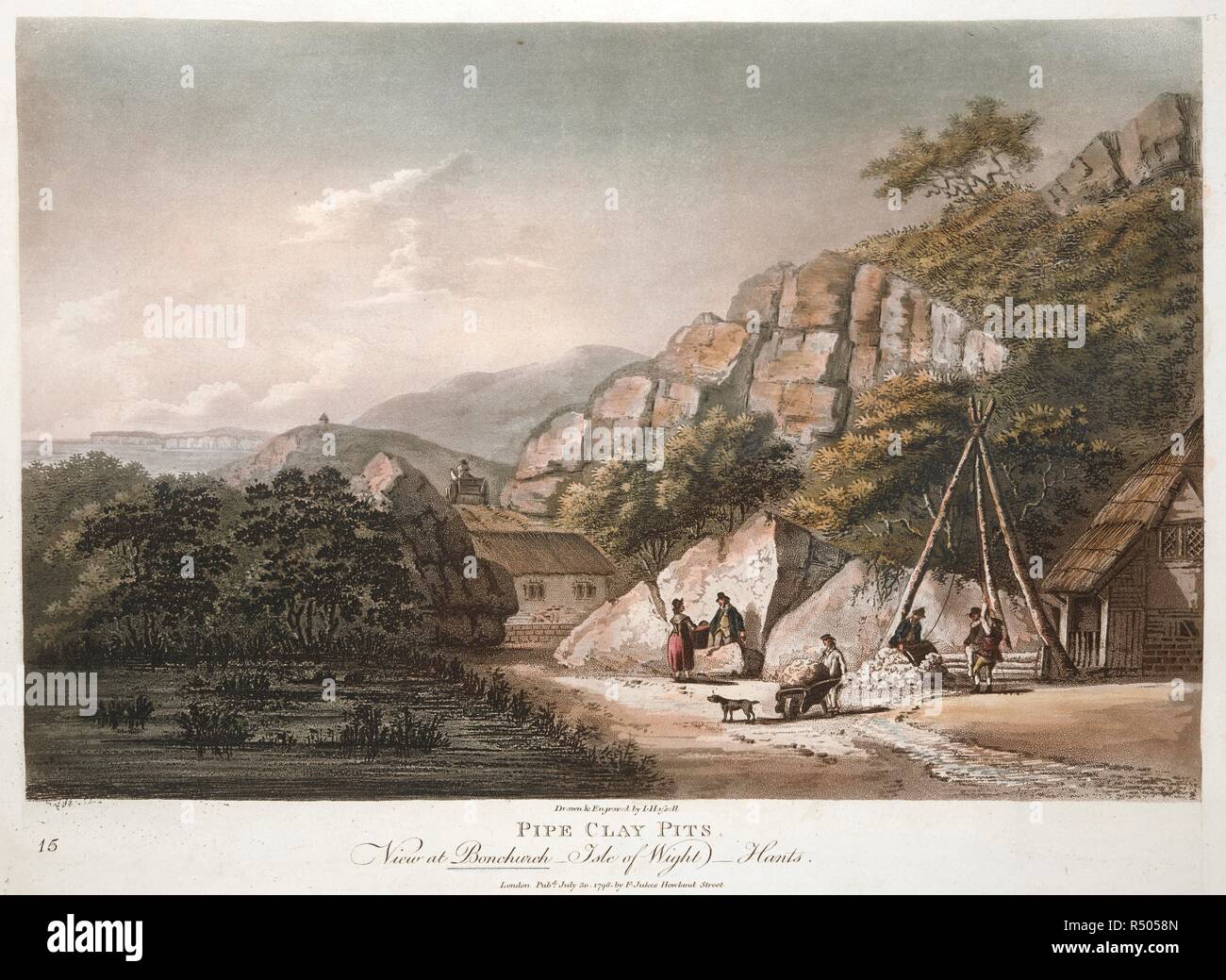 Figures standing by Clay Pipe Pits; a building on the right; water on ...