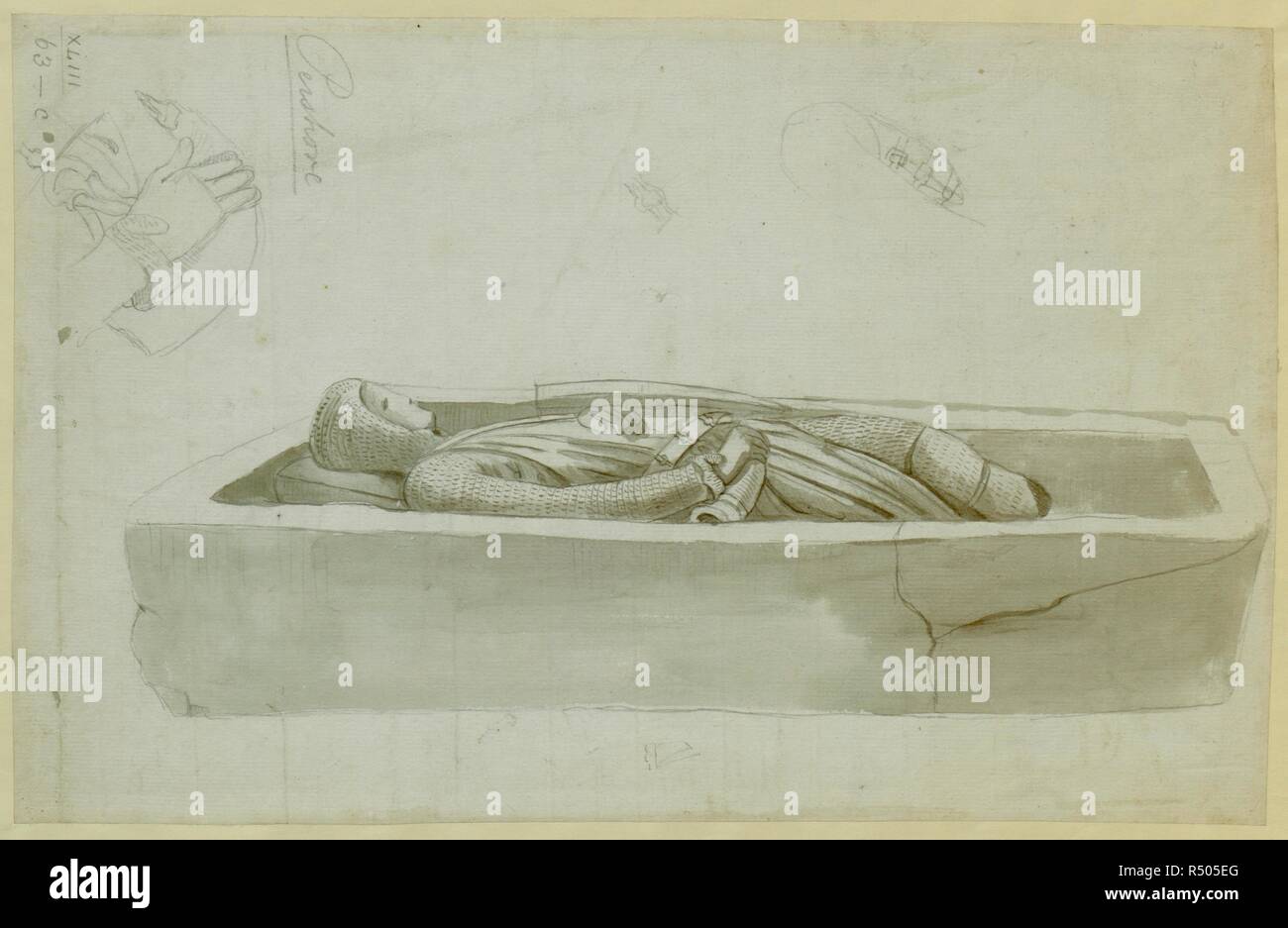 A drawing of a monumental sculpture for a knight in Pershore Church ...