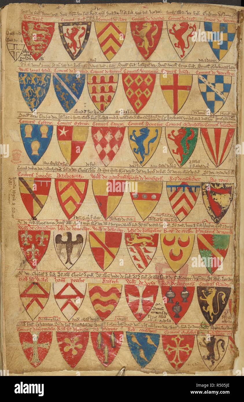 Painted shields of arms, probably copied from a roll of arms. Liber ...