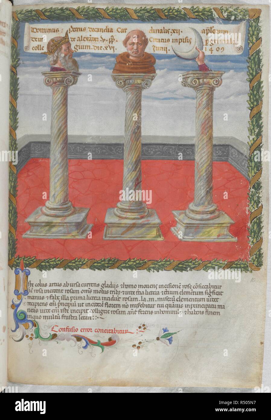 Miniature of three pillars, representing the papacy of Pope . Vaticinia ...