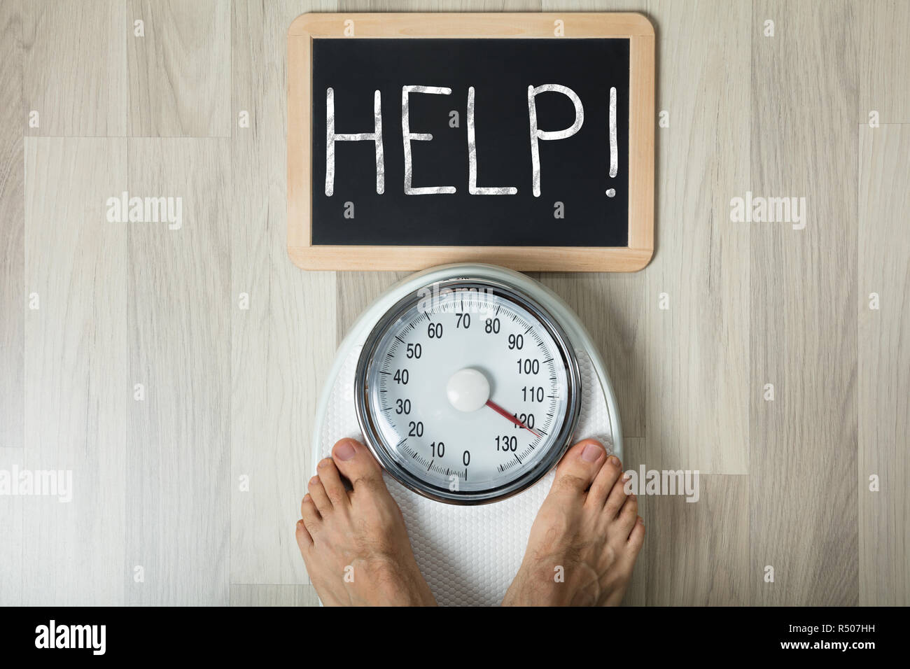 Man Measuring His Weight With Help Sign Stock Photo - Alamy