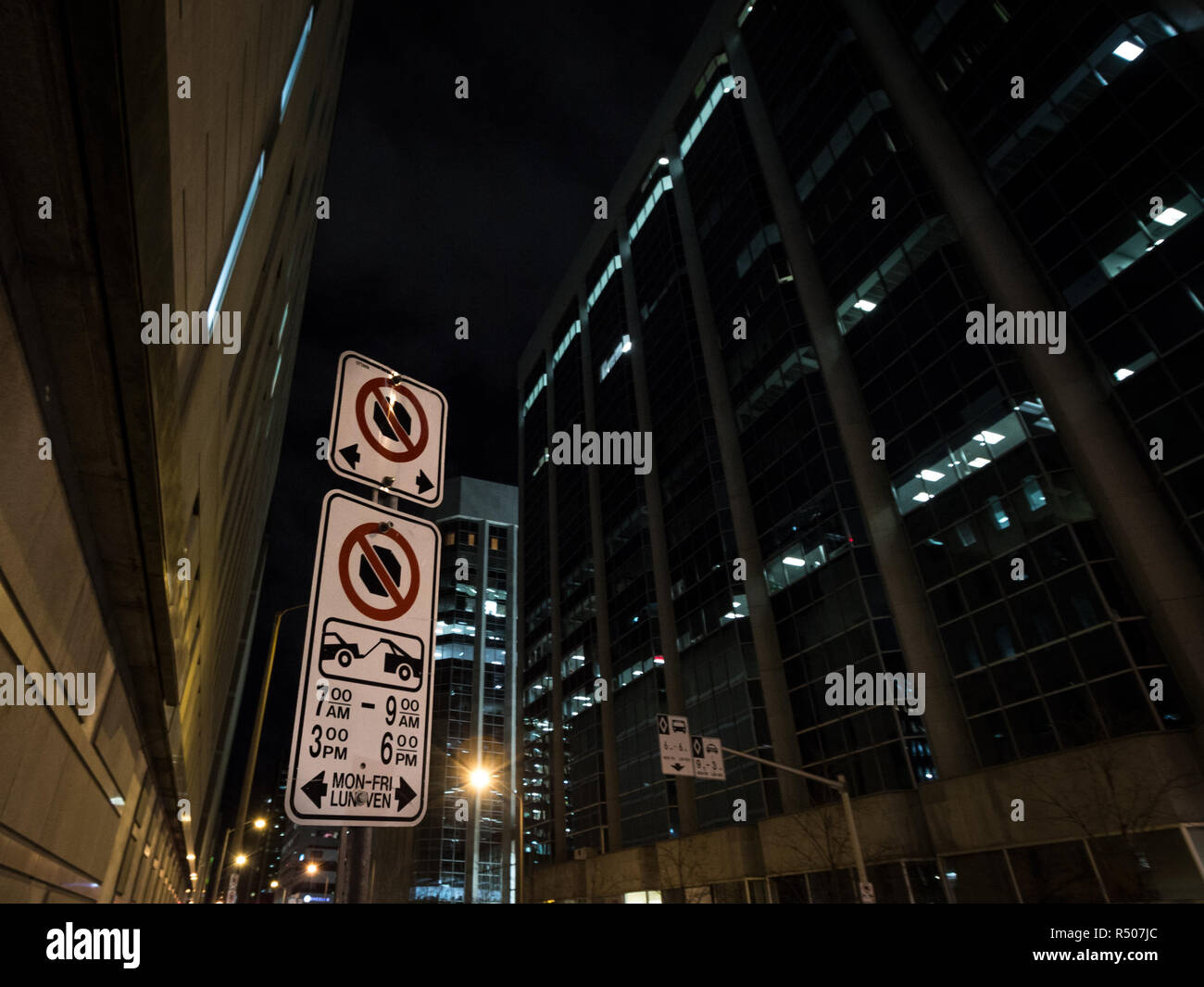 Typical North American paking and no parking signs with detailed ...