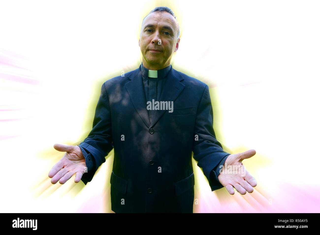 A good looking catholic priest is welcoming us in joy. He looks at us ...