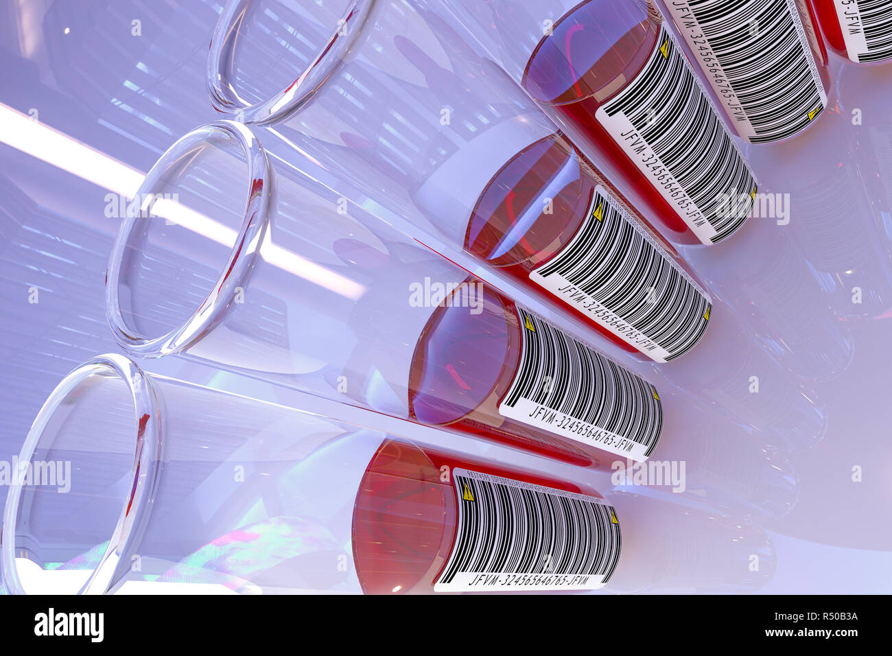 Some laboratory vases tube with blood samplest, labeled with bar codes ...