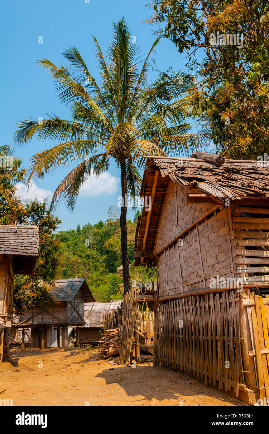 Traditional Lao rural village houses made of wood, and woven split ...