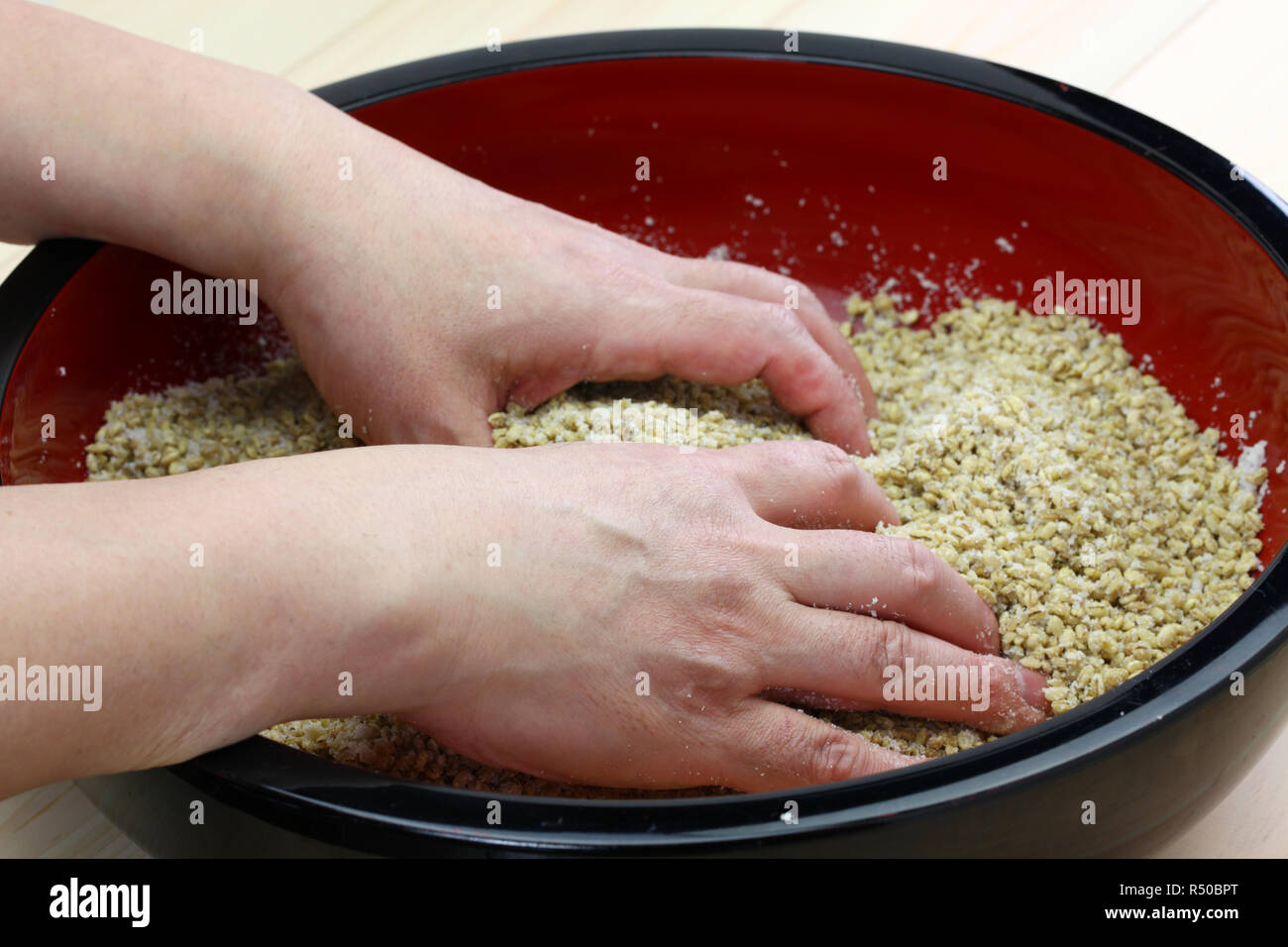 how to make miso : making process 4 : mixing mashed soybeans and barley ...