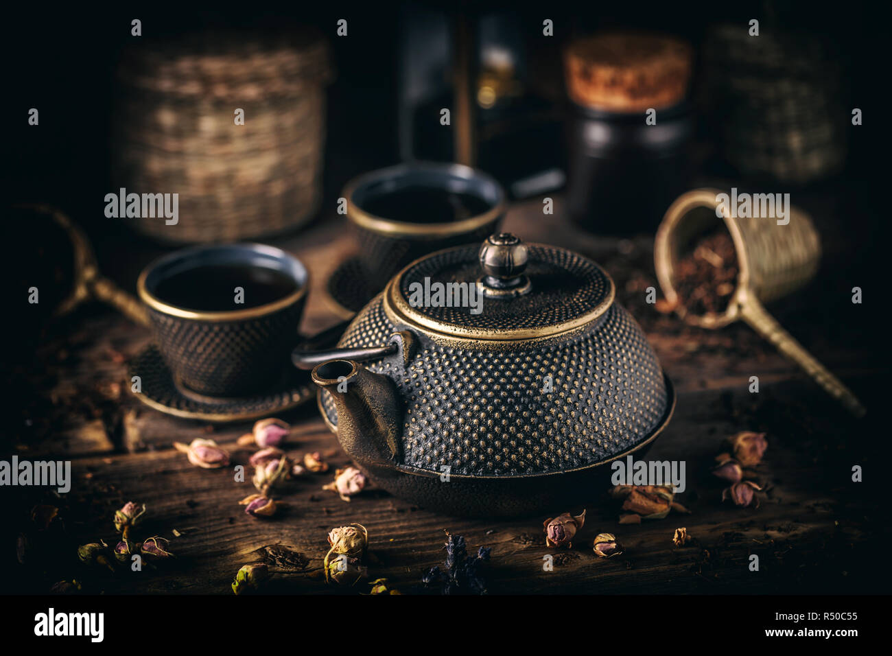 Asian iron tea set Stock Photo - Alamy