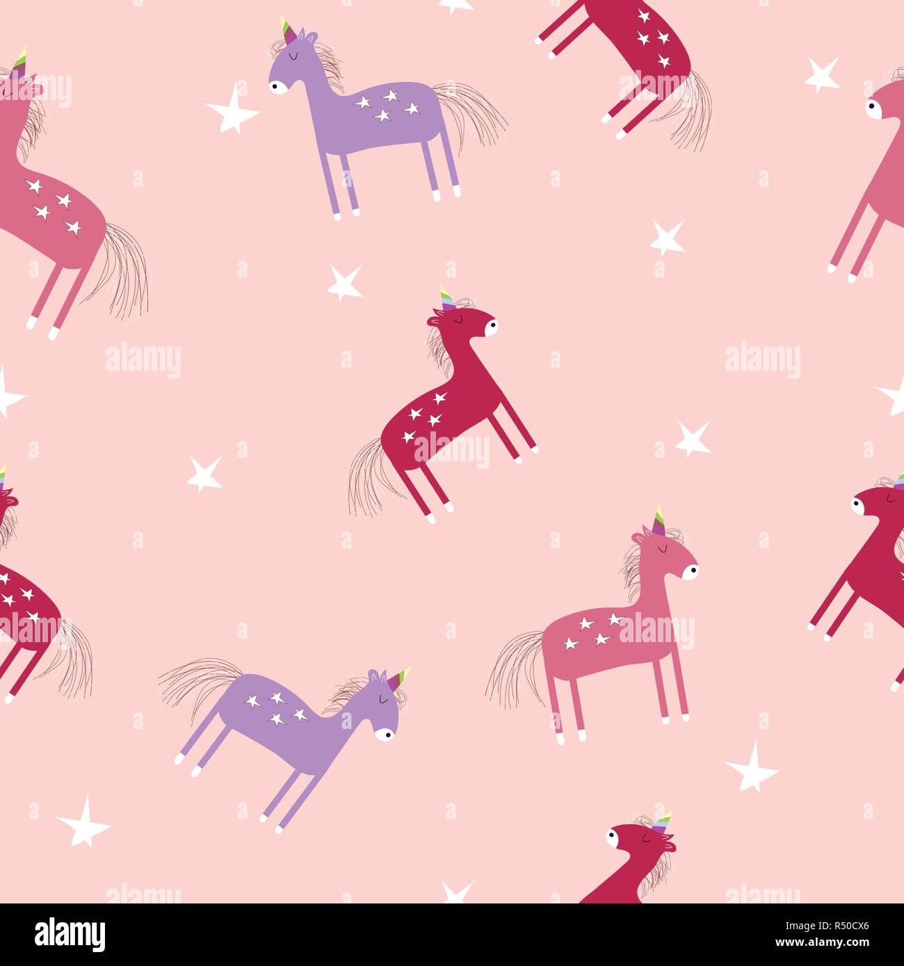 Cute hand drawn pink unicorns seamless pattern. Vector illustration ...