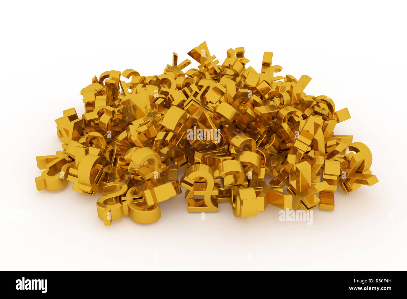 Gold color 3D rendering. Background abstract, bunch of currency sign ...