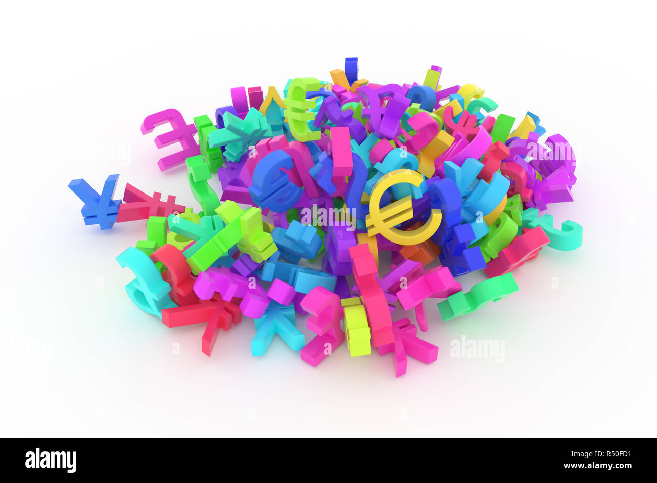 Colorful 3D rendering. Bunch of currency sign represent money or profit ...