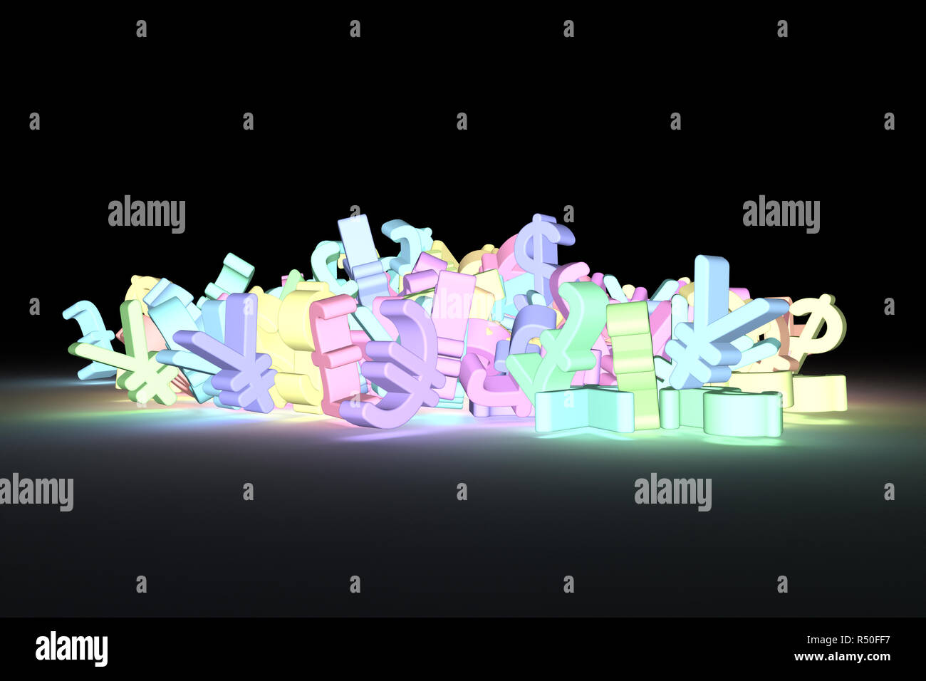 Money or profit, bunch of currency sign, CGI typography. For web page ...