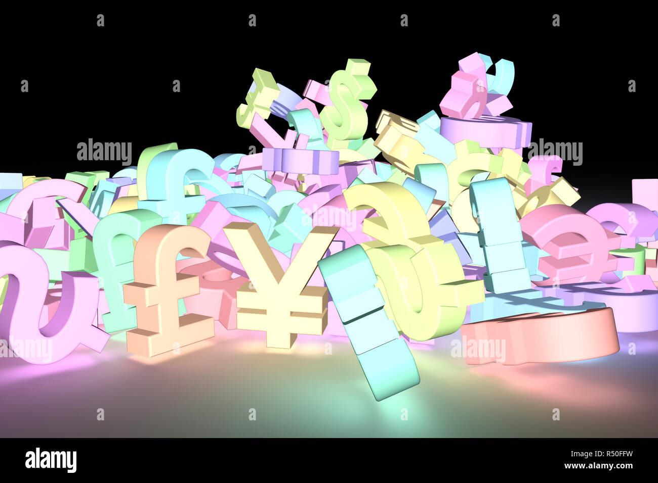 CGI typography, money or profit, bunch of currency sign. Decorative ...