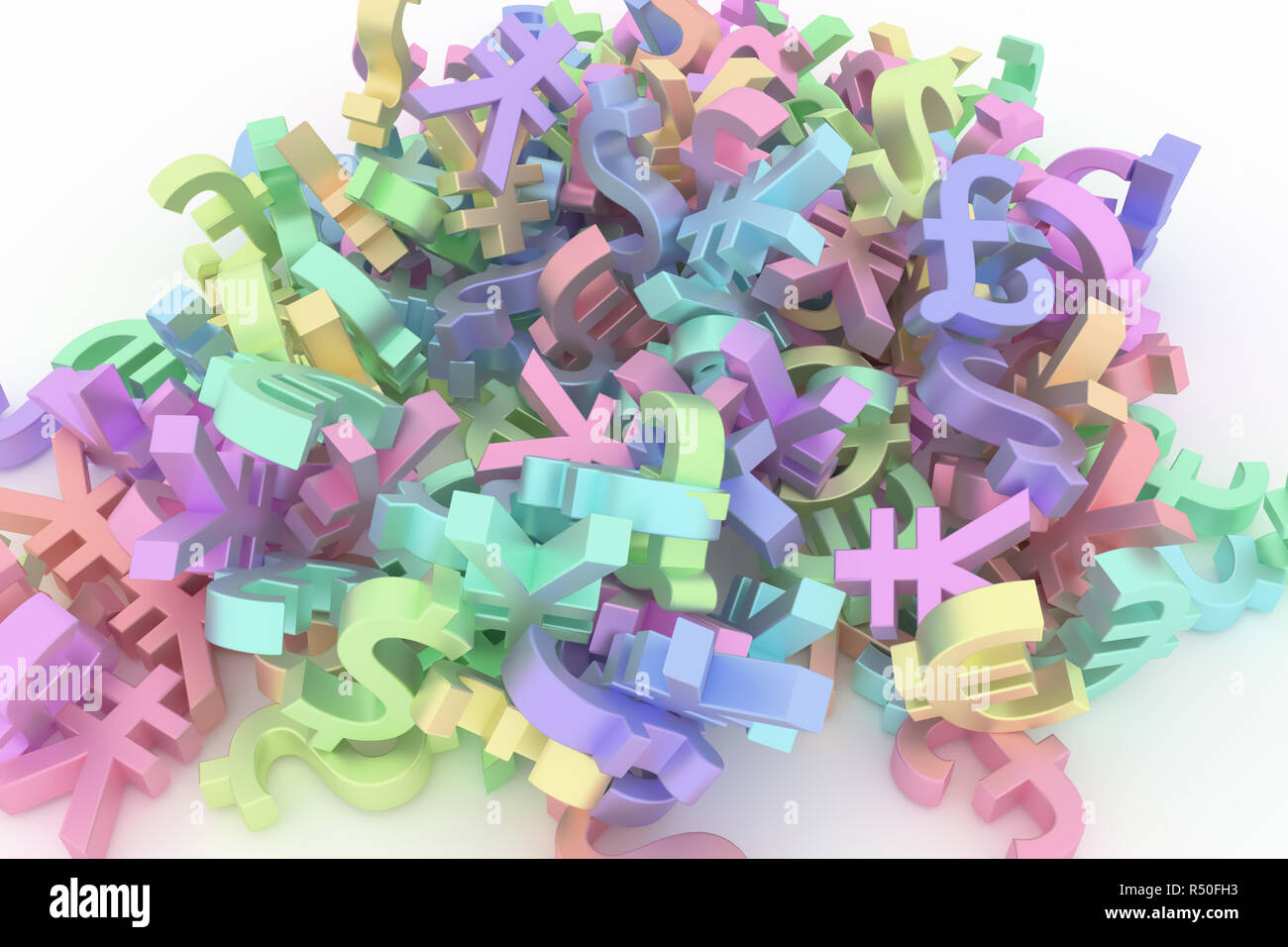 Colorful 3D rendering. CGI typography, bunch of currency sign represent ...