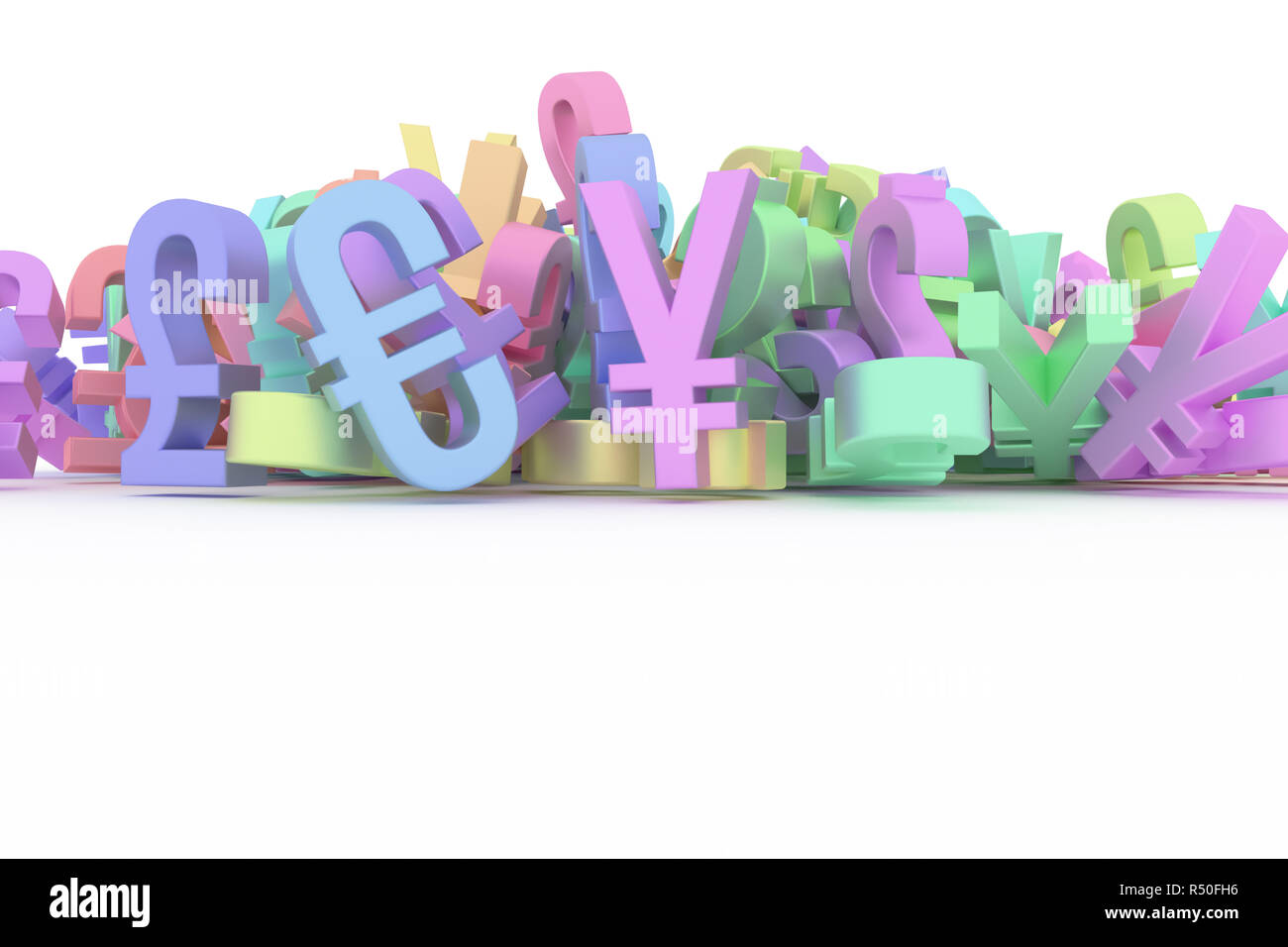 Colorful 3D rendering. CGI typography, bunch of currency sign represent ...