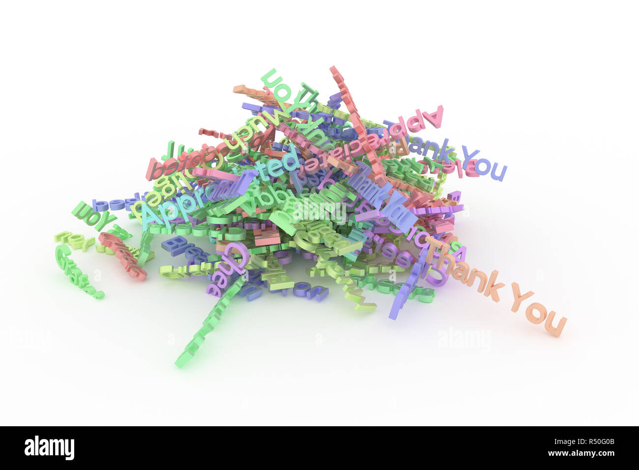 Colorful 3D rendering. CGI typography, thank you, character. Decorative ...