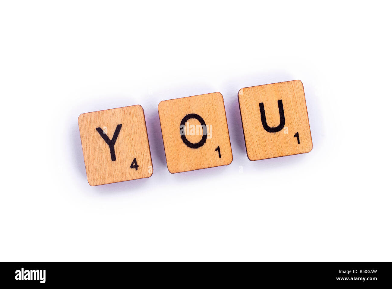 LONDON, UK - JULY 8TH 2018: The word YOU, spelt with wooden letter ...