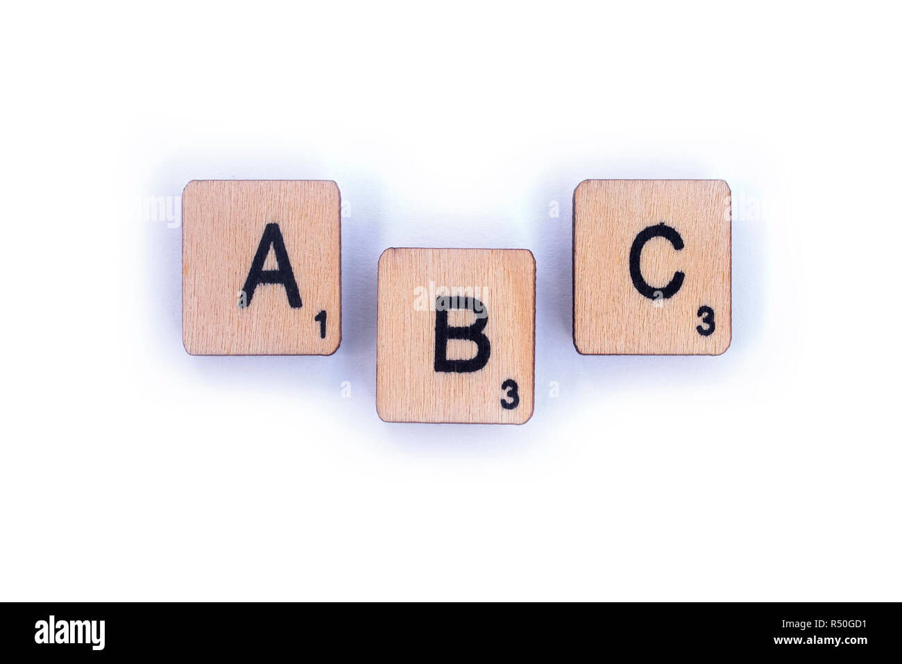 LONDON, UK - JULY 8TH 2018: The letters ABC, spelt with wooden letter ...