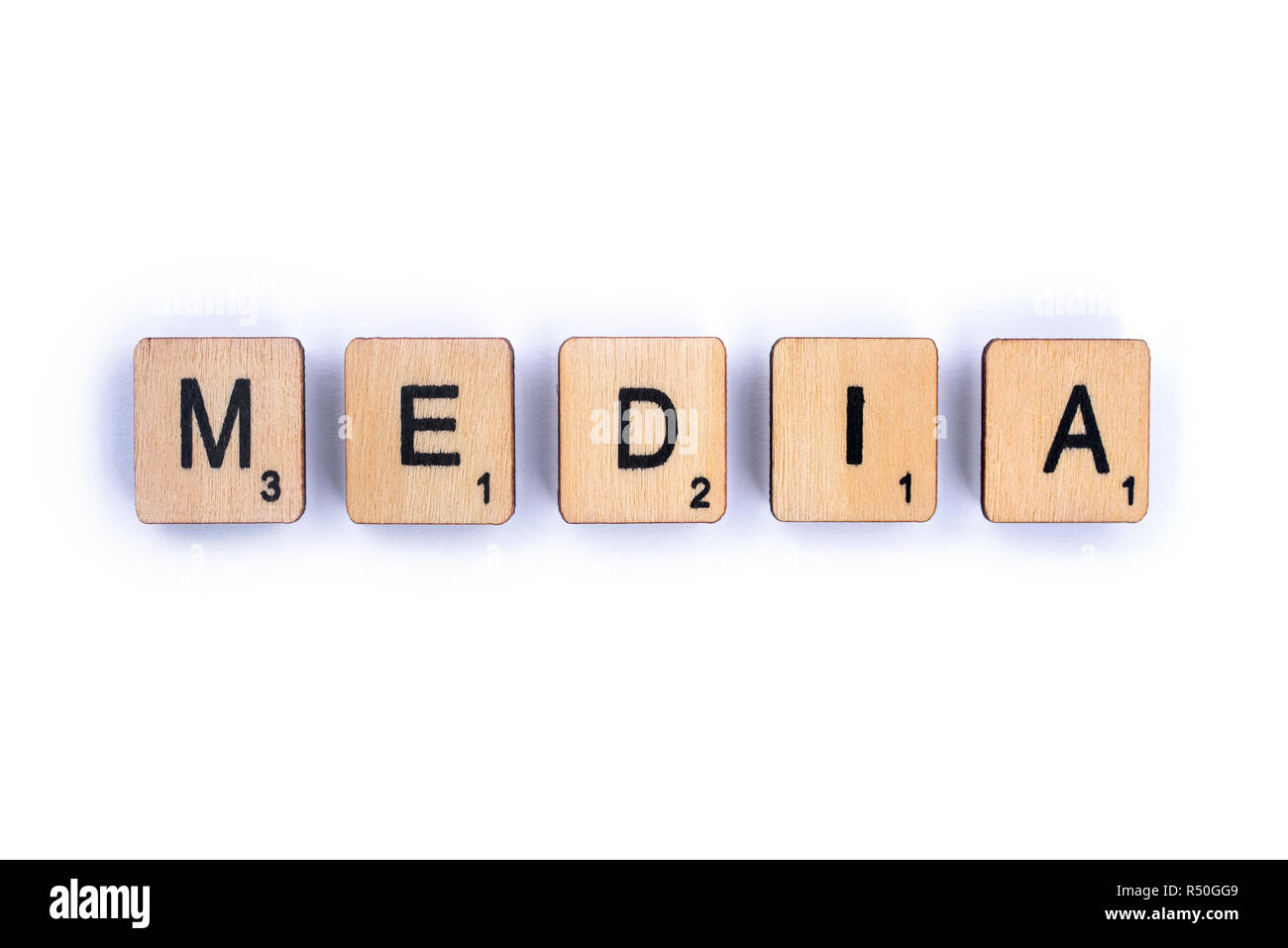 London, UK - July 8th 2018: The word MEDIA, spelt with wooden letter ...