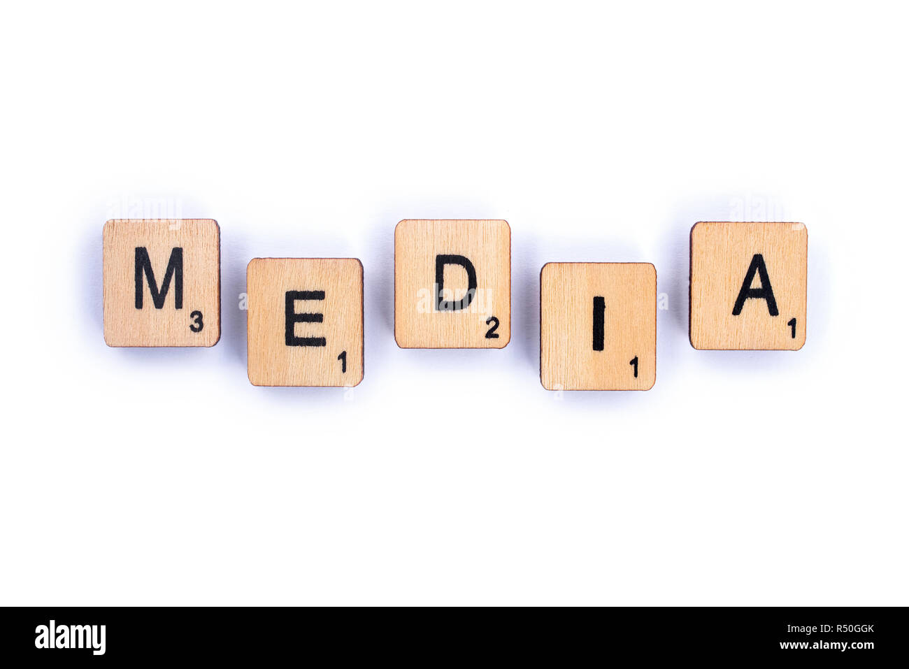London, UK - July 8th 2018: The word MEDIA, spelt with wooden letter ...