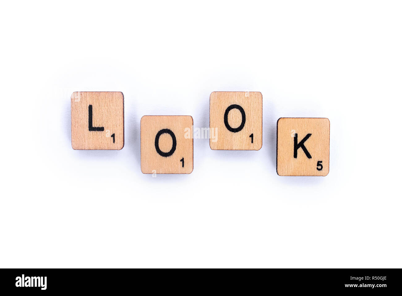London, UK - July 8th 2018: The word LOOK, spelt with wooden letter ...