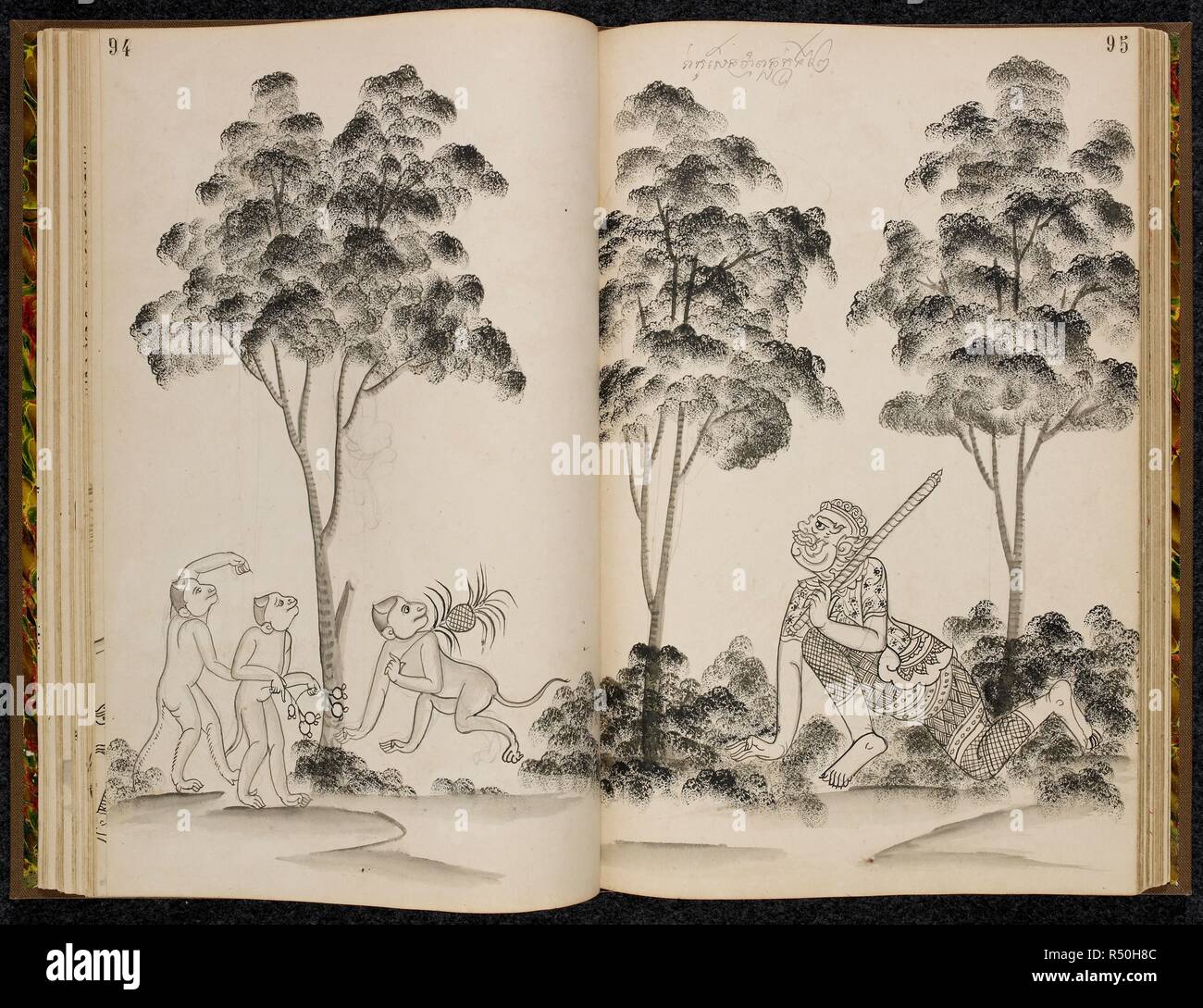 A demon trying to attack monkeys in the forest, scene from the Ramakien ...