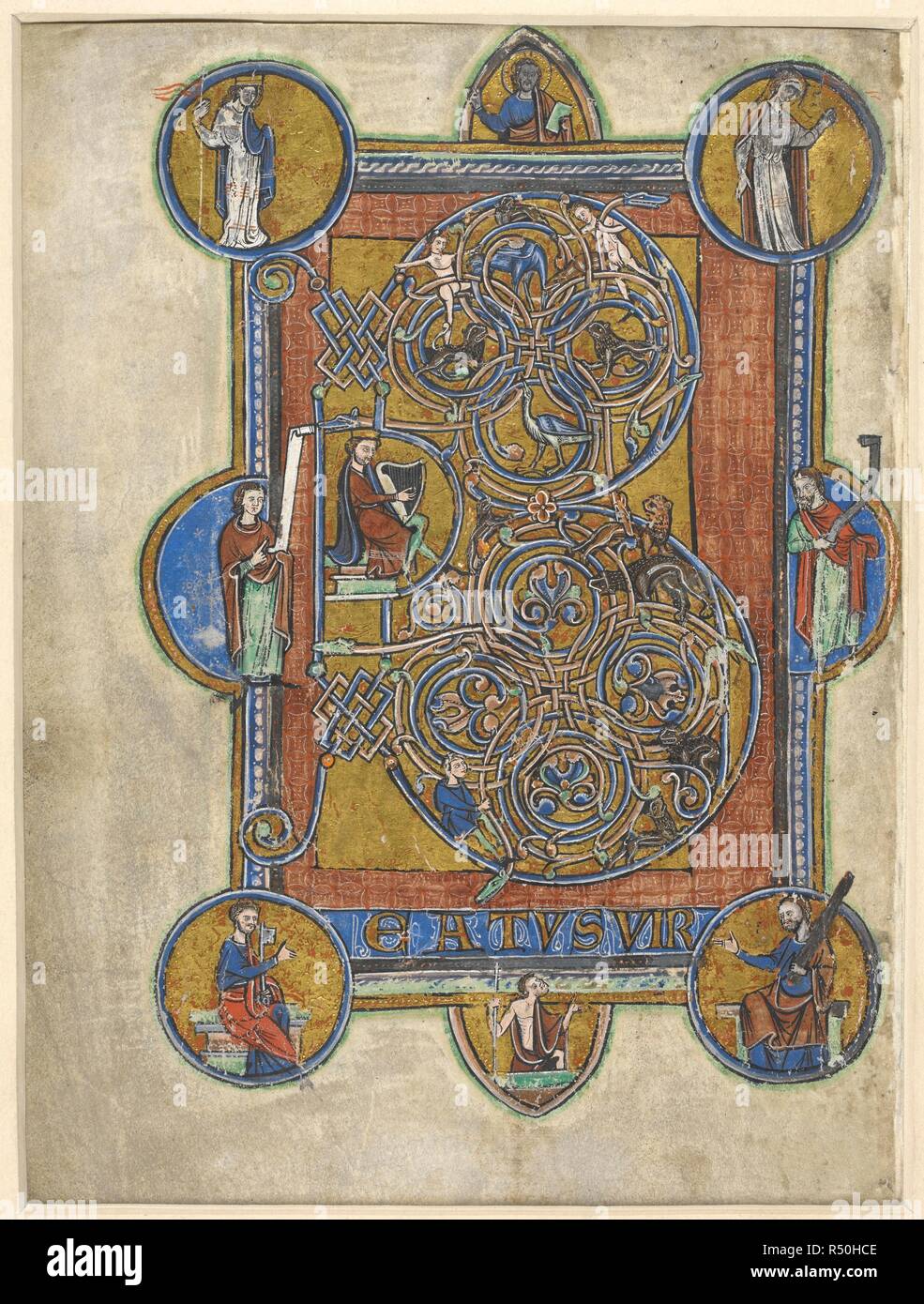 A full-page framed foliate initial 'B'(eatus vir), inhabited by men and ...