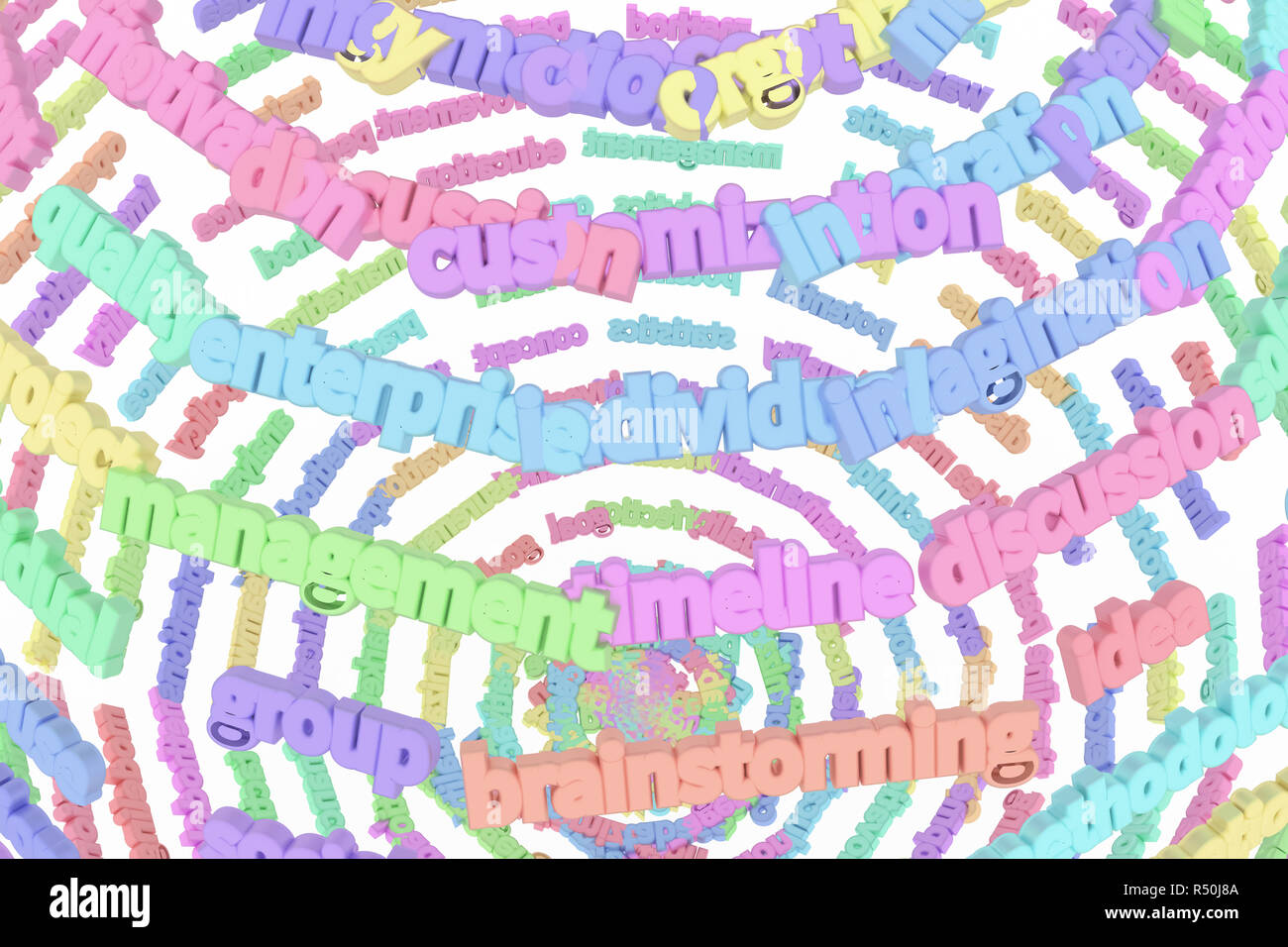 Colorful 3D rendering. CGI typography, made up from words or alphabetic ...