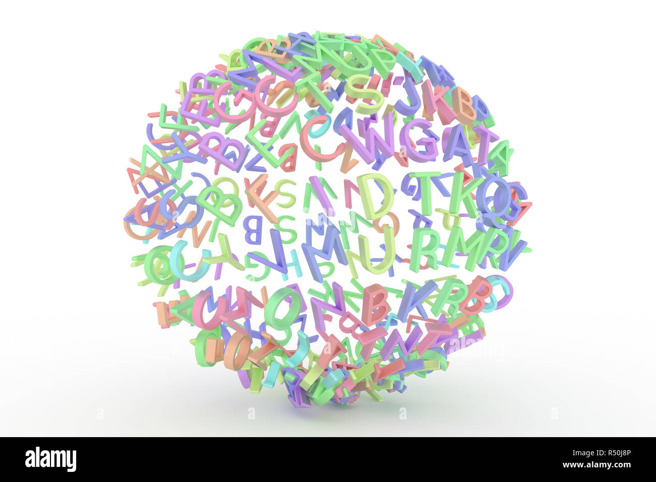 Colorful 3D rendering. Sphere or planet, made up from alphabetic ...