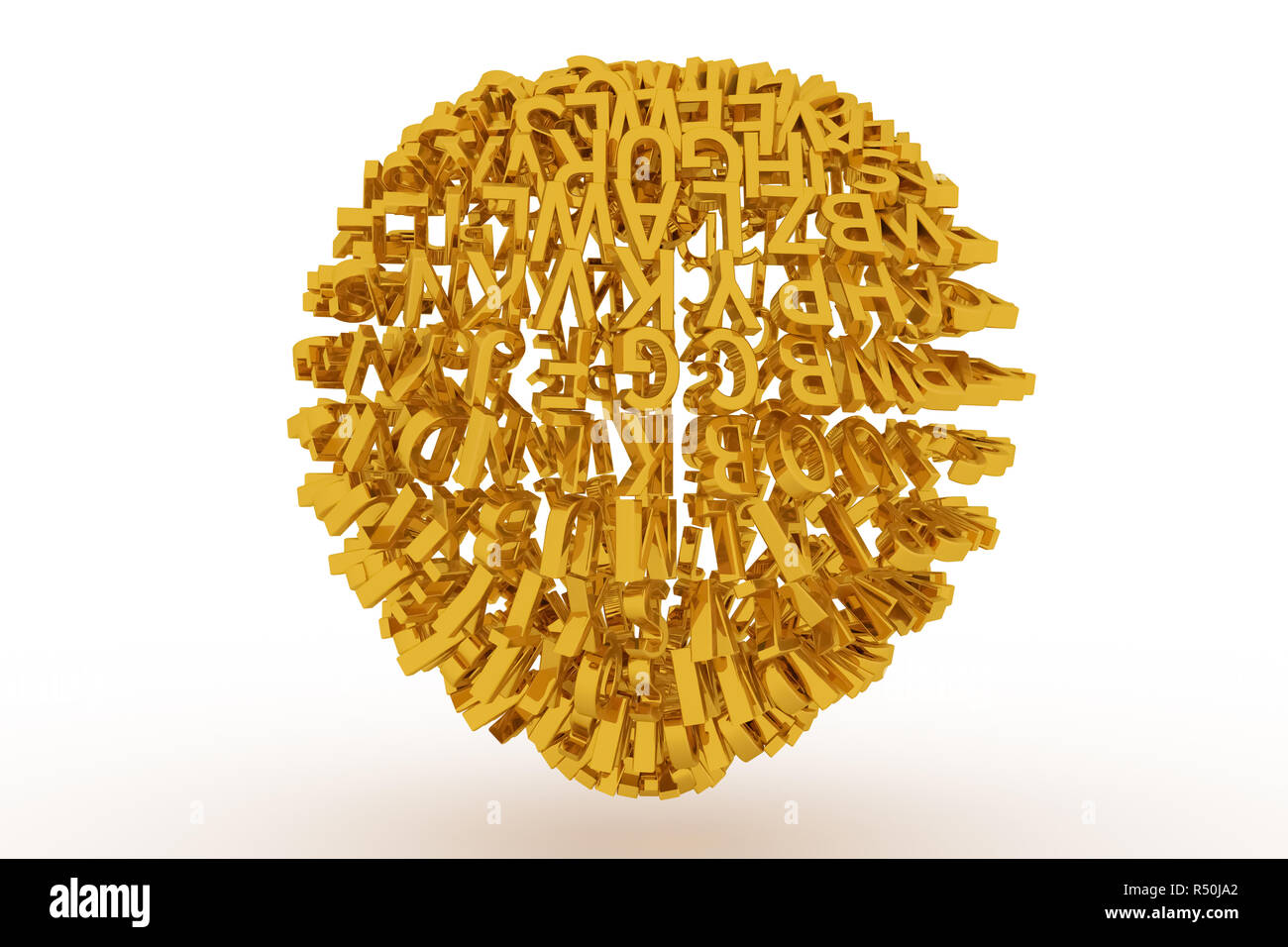Gold color 3D rendering. CGI typography, made up from alphabetic ...
