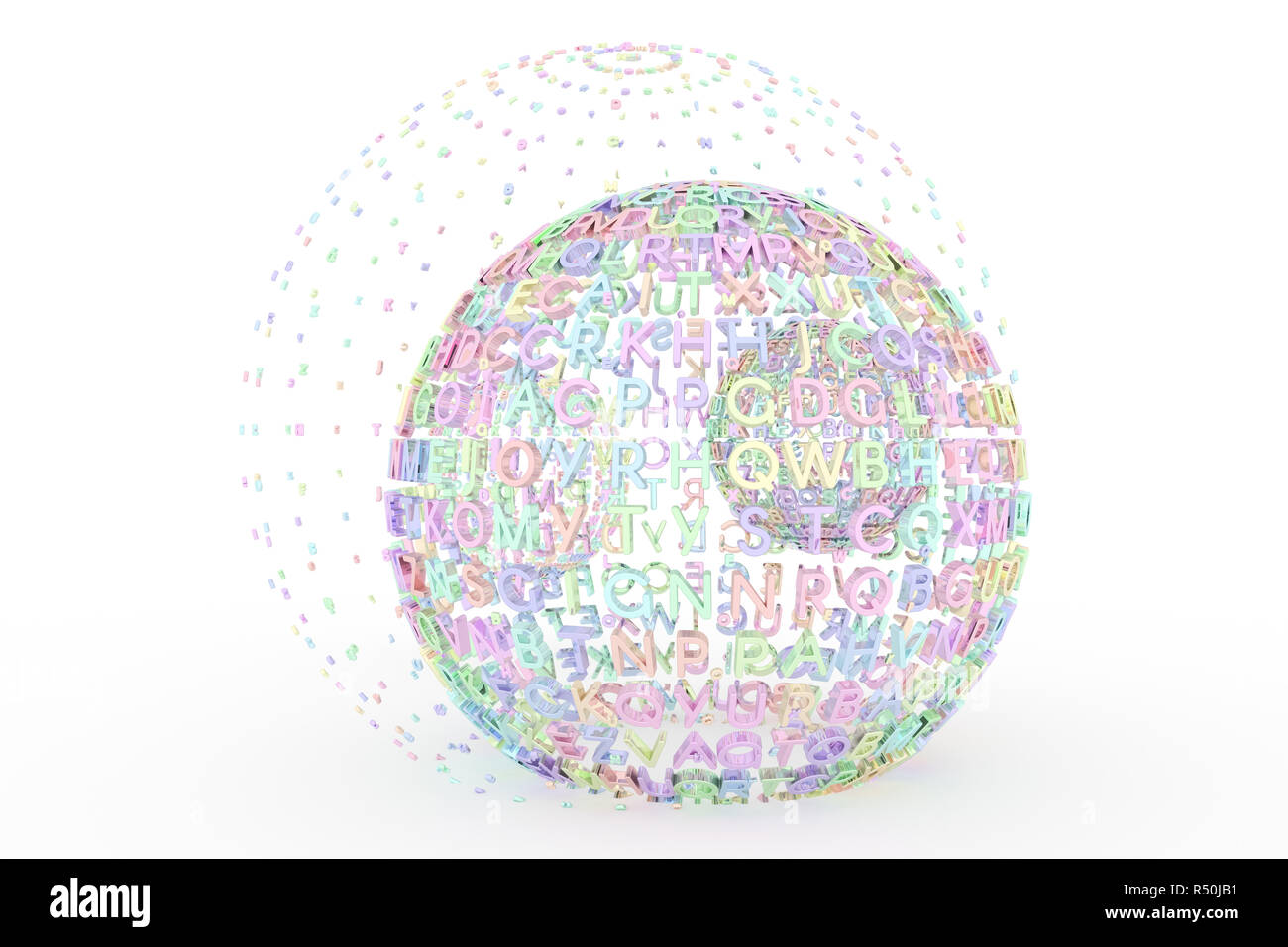 CGI typography, sphere or planet, made up from alphabetic character ...