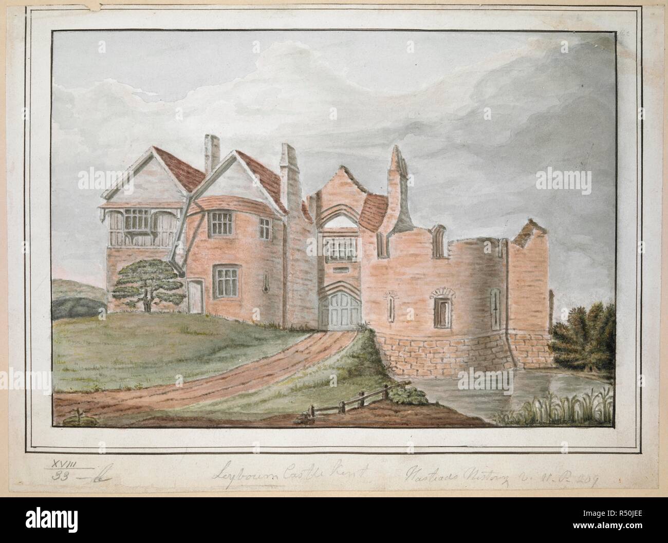 Leybourn Castle with ruins of the tower and moat on the right; trees on ...