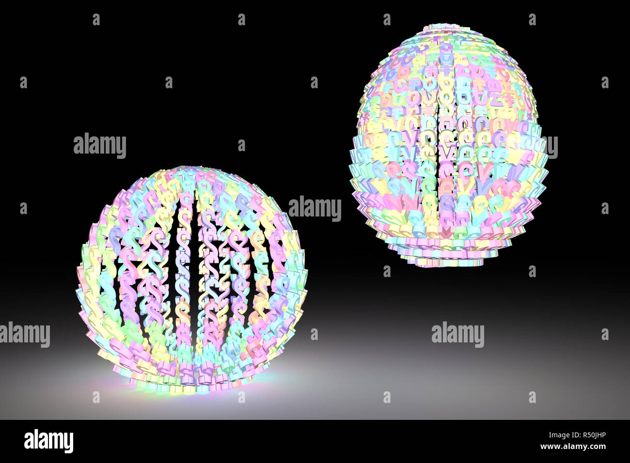 CGI typography, sphere or planet, made up from currency character ...