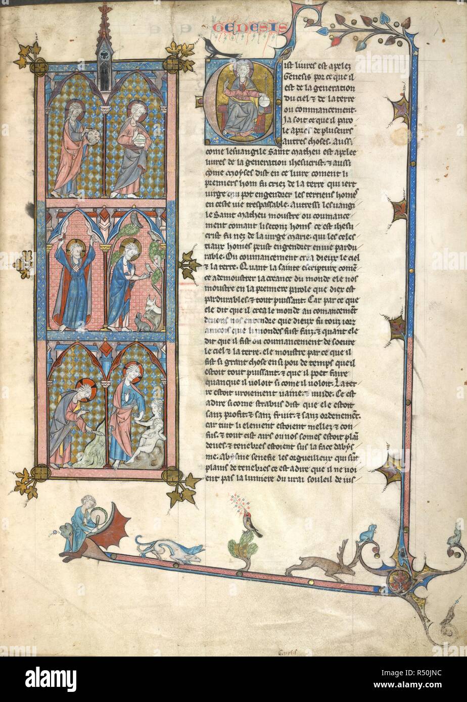 Six-part miniature of the days of Creation, each scene separated by an ...