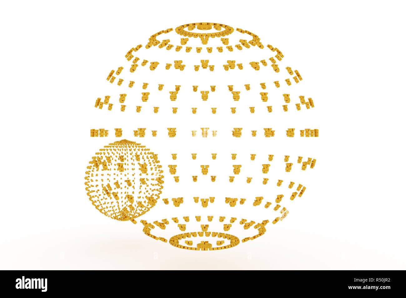 Gold color 3D rendering. Sphere or planet, made up from currency ...