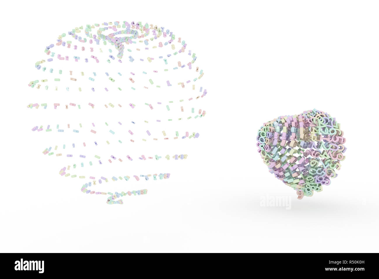 Abstract sphere or planet made up from number character, CGI typography ...