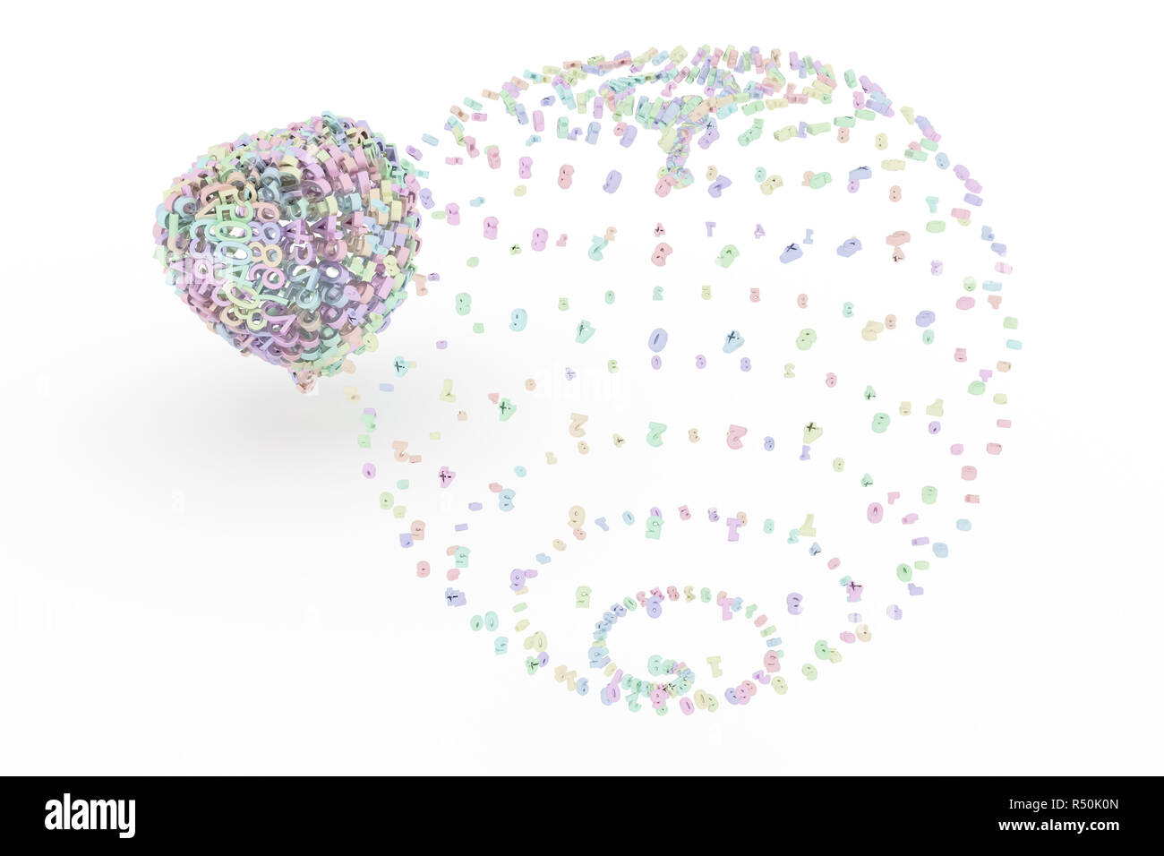 Colorful 3D rendering. Made up from number character sphere or planet ...